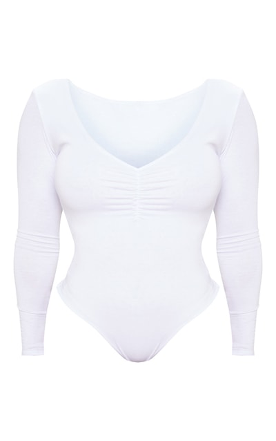 Shape White Jersey Ruched Long Sleeve Bodysuit | Shape | PLT