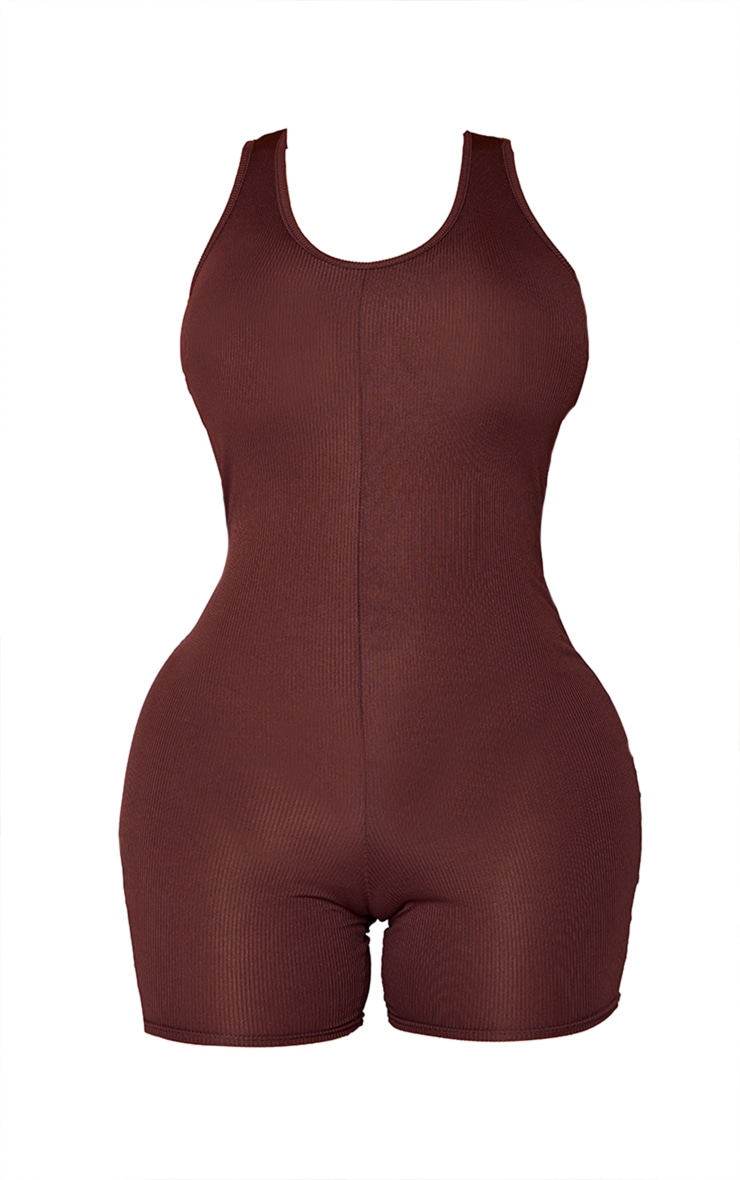Shape Chocolate Brown Rib Sleeveless Unitard | PrettyLittleThing