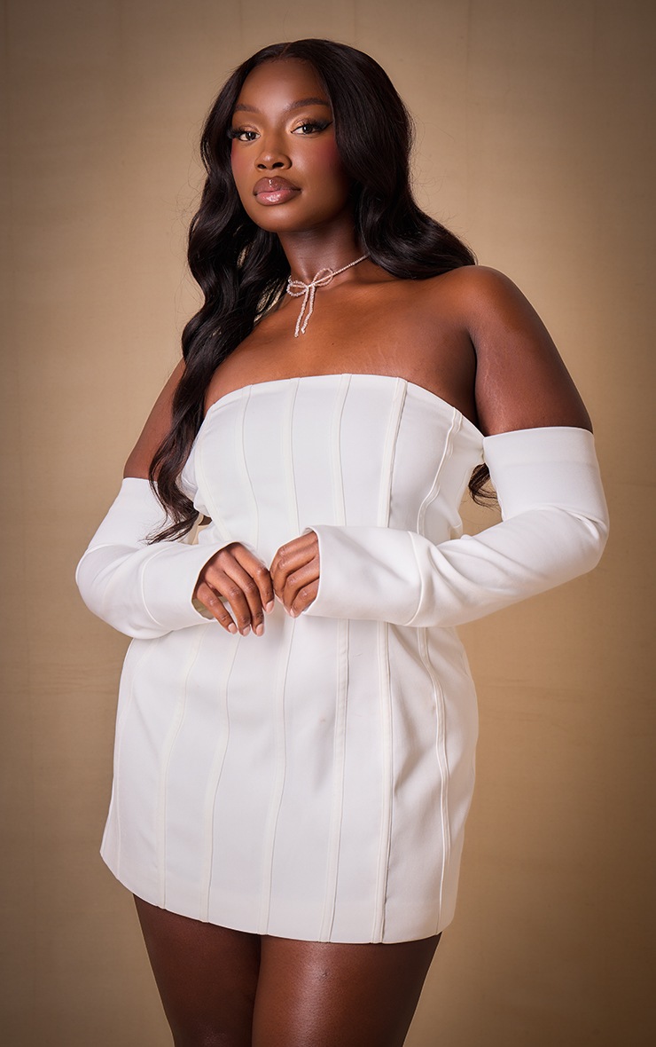 Premium Plus White Bardot Boning Bodycon Dress | Plus Size | PLT
