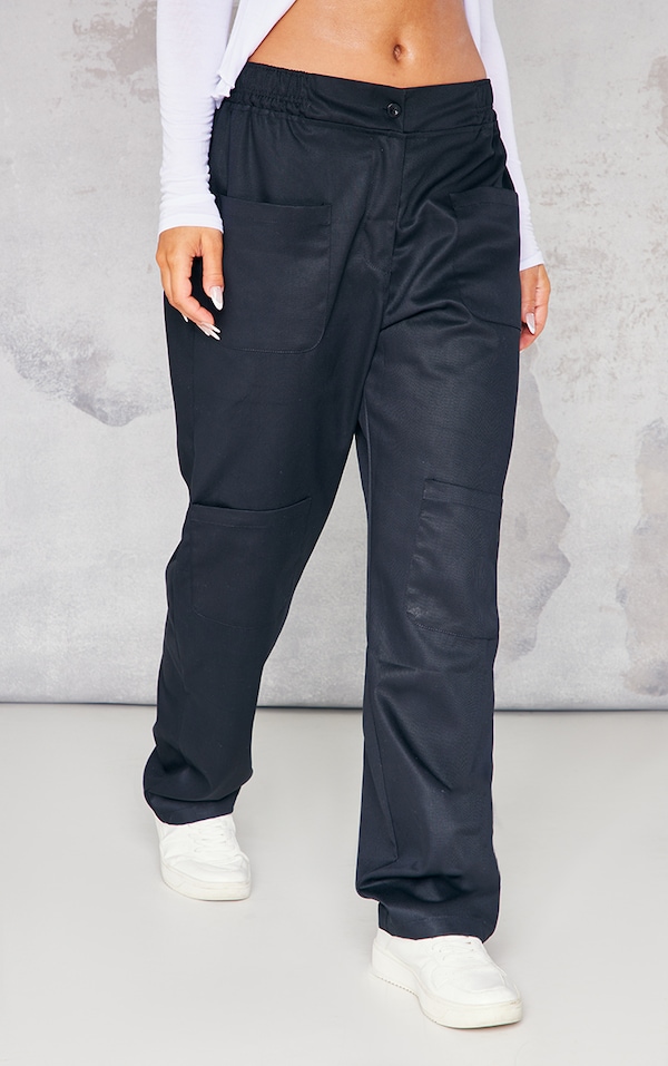 Black Cargo Pocket Low Rise Straight Leg Trouser | Bottoms | PLT