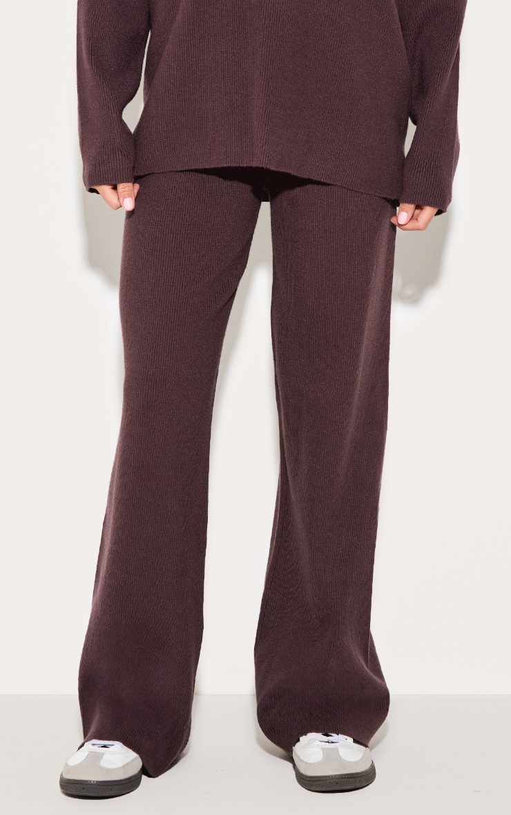 Chocolate Light Rib Knit Wide Leg Trousers | Knitwear | PLT