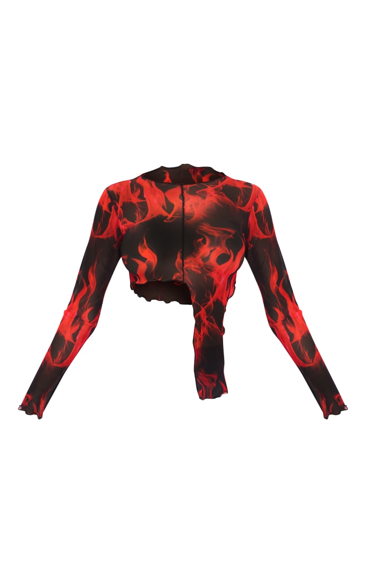 Crop top rouge en mesh imprimé flamme à coutures contrastantes ...