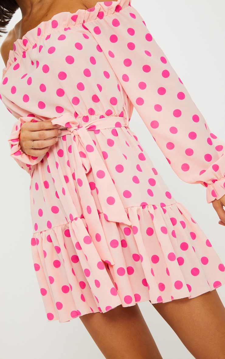 Dusty Pink Polka Dot Bardot Tie Waist Shift Dress | Dresses ...