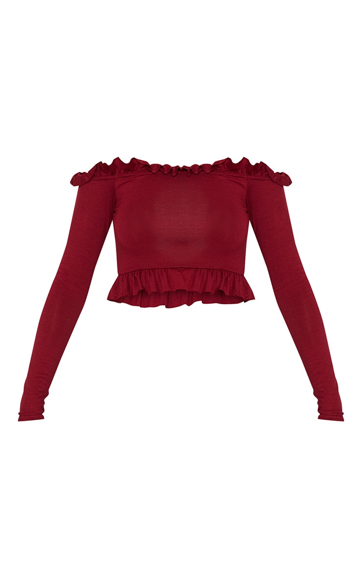 Deep Burgundy Bardot Frill Jersey Crop Top | PrettyLittleThing