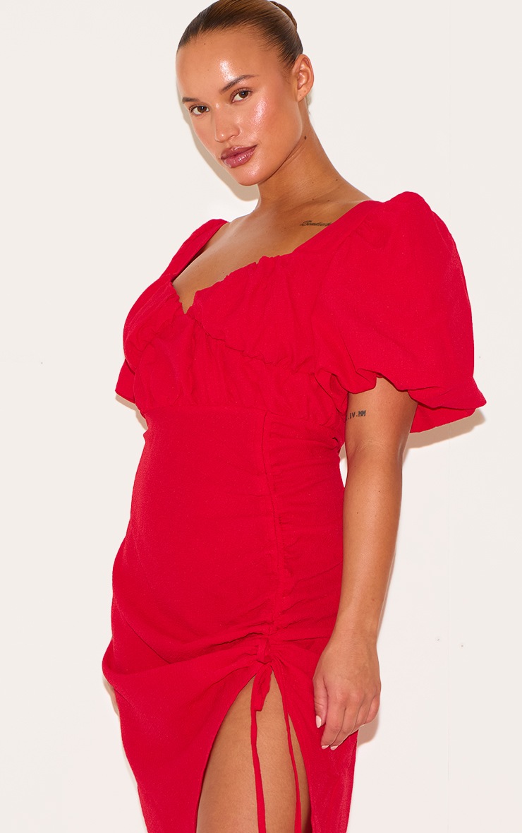 Plus Red Puff Sleeve Ruched Split Side Midi Dress | Plus Size | PLT