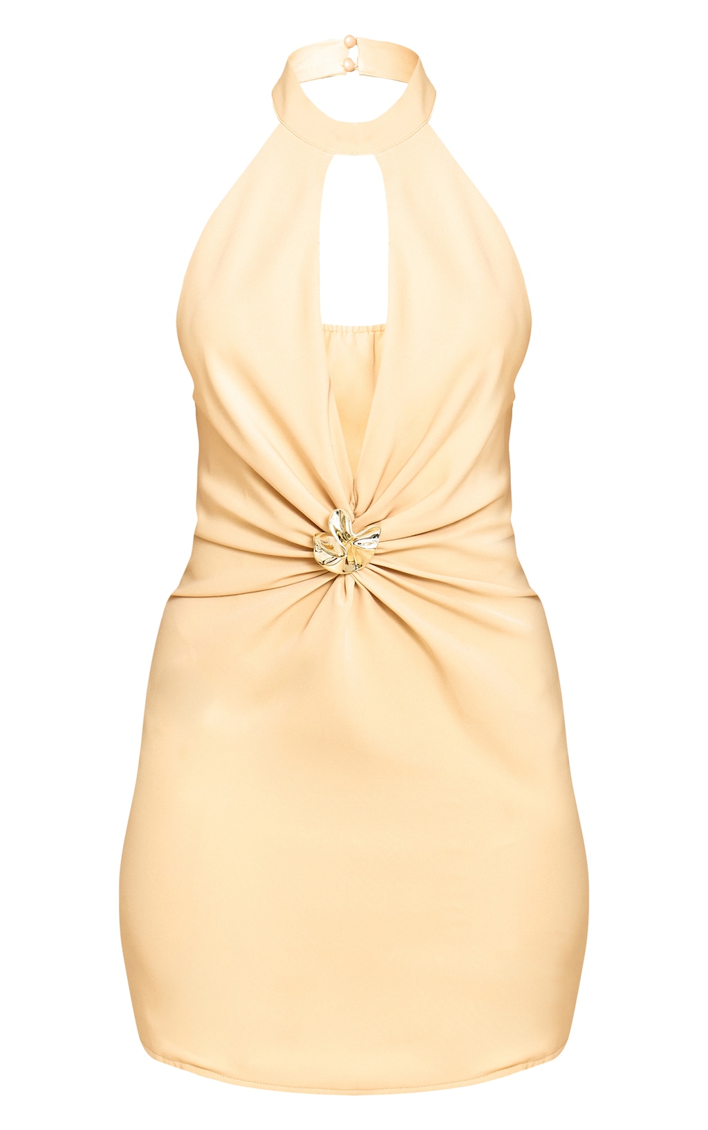 Pale Mustard Woven Ruched Cut Out Mini Dress | Dresses | PrettyLittleThing USA