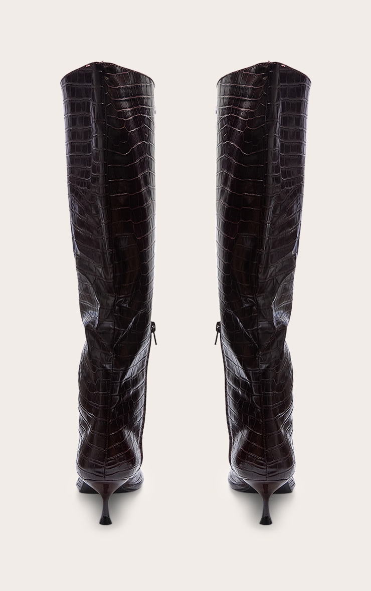 Burgundy Croc Point Toe Low Heel Knee High Boots | Footwear | PLT
