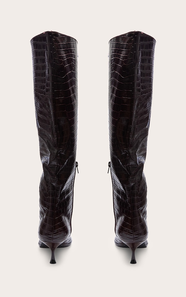 Bottes Hautes Pointues En Bordeaux Effet Croco À Talon Bas Et Bout ...