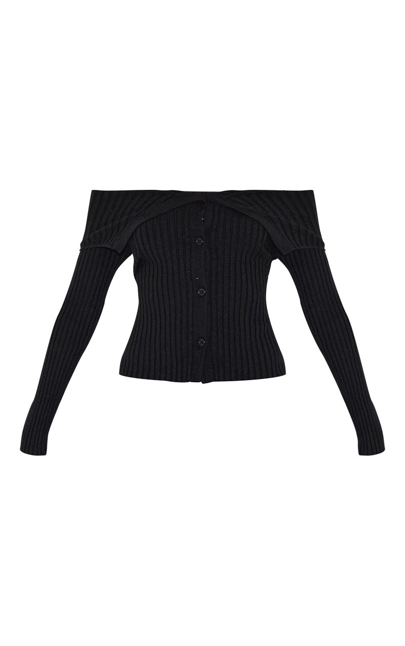 Black Rib Knit Fold Over Button Up Top | Knitwear | PLT