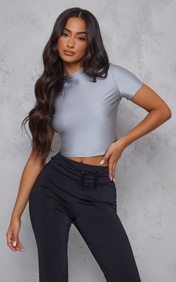 Petite Silver Longline Disco Cropped T Shirt | Petite | PLT