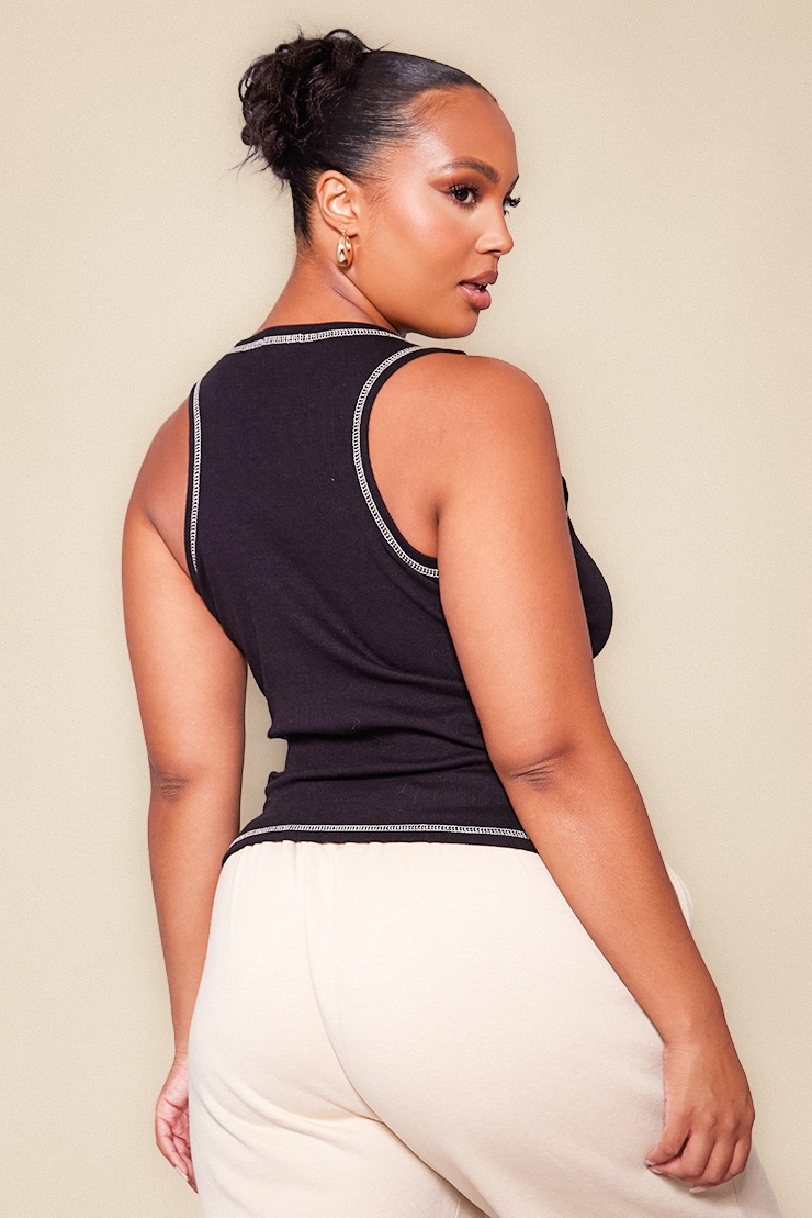 Plt Plus Black Contrast Stitch Rib Racer Long Top | PrettyLittleThing USA