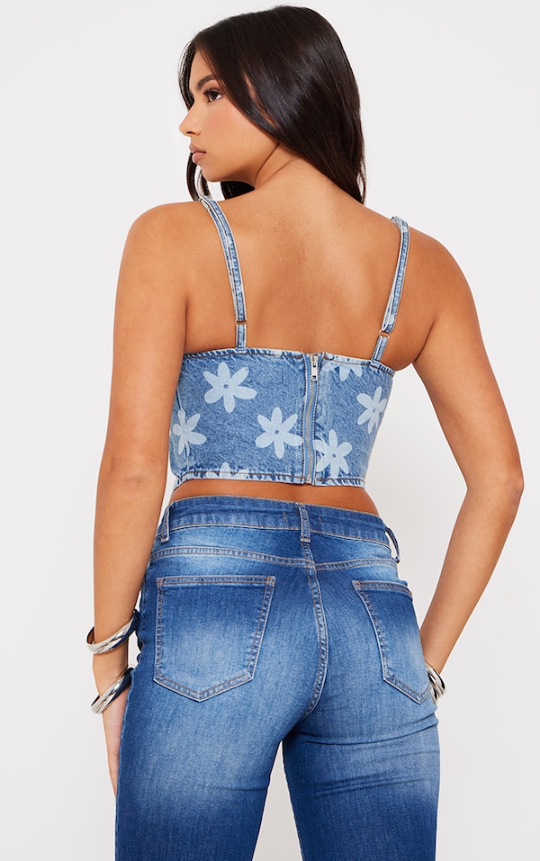 Blue Floral Print Denim Corset Top | Denim | PrettyLittleThing USA
