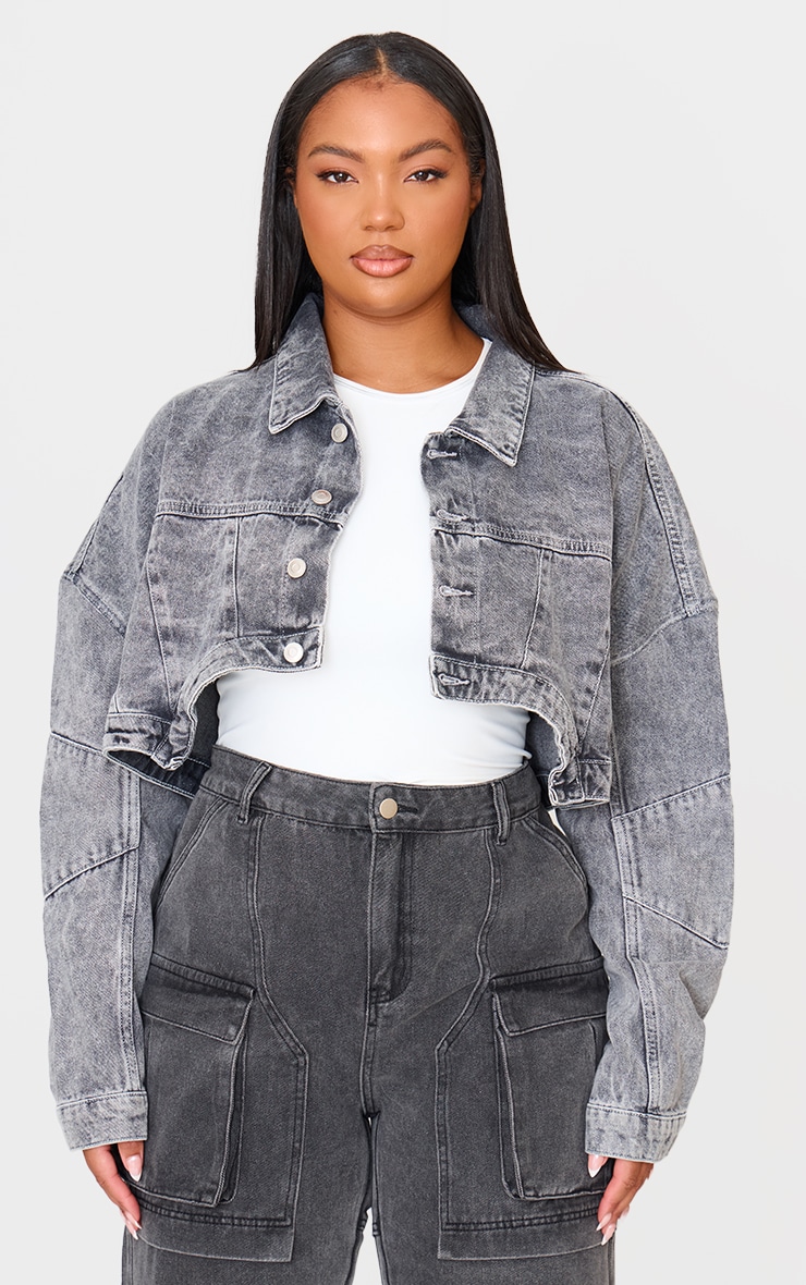 Plus Grey Washed Curved Hem Denim Jacket | Plus Size | PLT