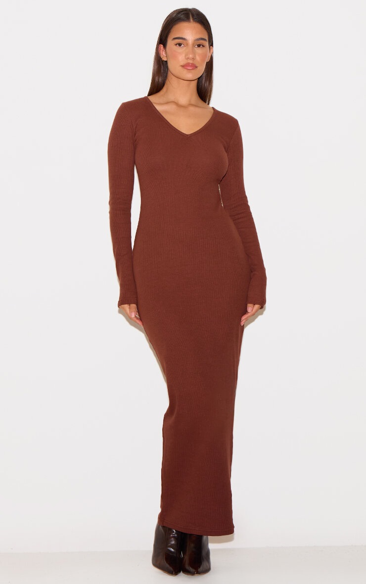 Chocolate Ribbed V Neck Long Sleeve Maxi Dress | Dresses ...