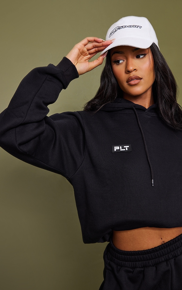 PLT Tall Black Oversized Badge Detail Crop Hoodie | Tall | PLT