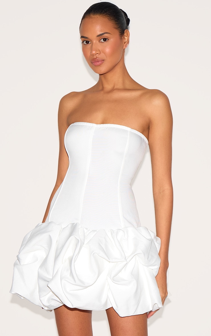 Premium White Woven Corset Puffball Hem Mini Dress | Dresses ...