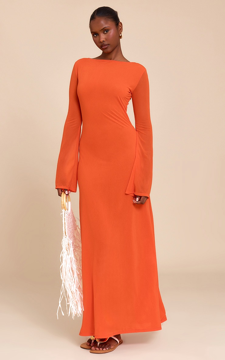 Red Chiffon Boat Neck Long Sleeve Maxi Dress | Dresses | PLT