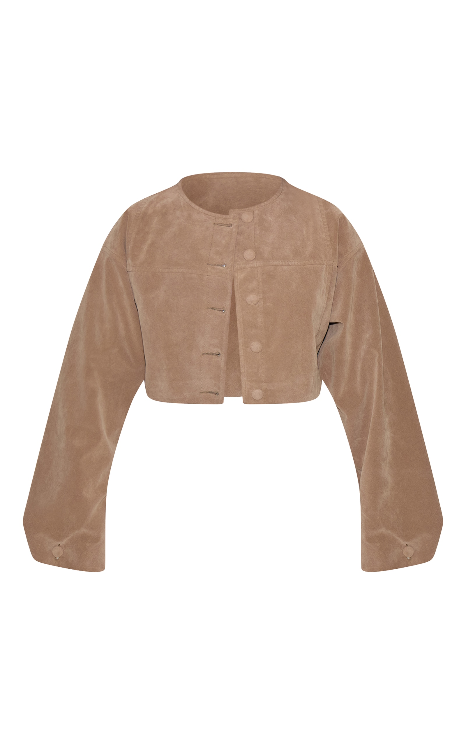 Beige Cropped Ruched Sleeve Detail Suede Jacket | Outerwear | PLT