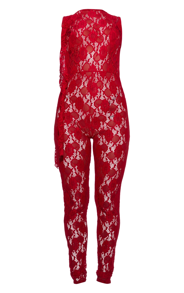 Combinaison En Dentelle Rouge À Détail Drapé Volanté | Robes | PLT FR