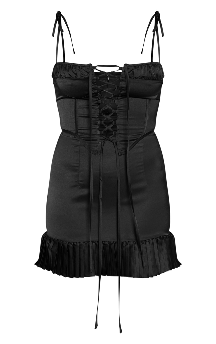 Black Lace Up Corset Frill Hem Shift Dress Dresses Prettylittlething Usa