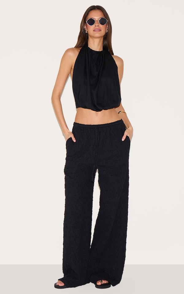 Black Textured Drawstring Waist Wide Leg Trousers | Bottoms | PLT
