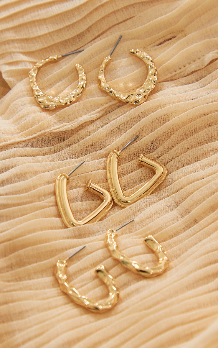 Gold Textured 3 Pack Hoop Earring | Accessories | PrettyLittleThing