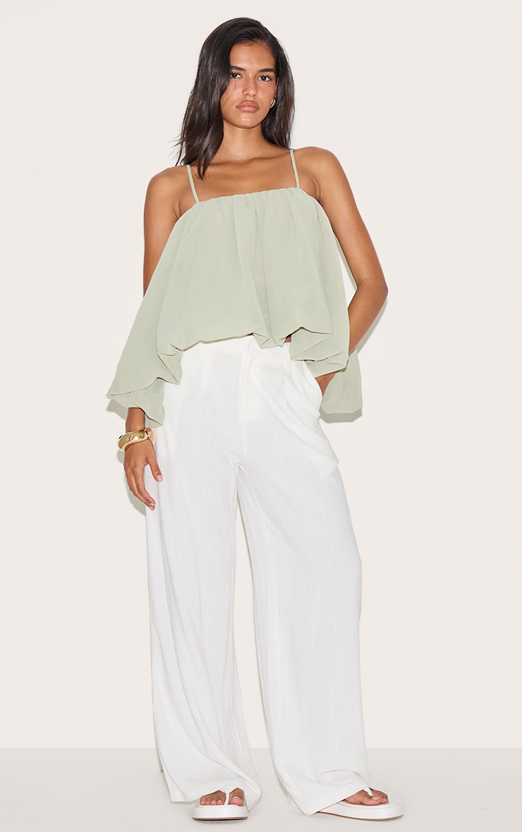 Sage Puffball Chiffon Spaghetti Strap Cami | Tops | PLT USA