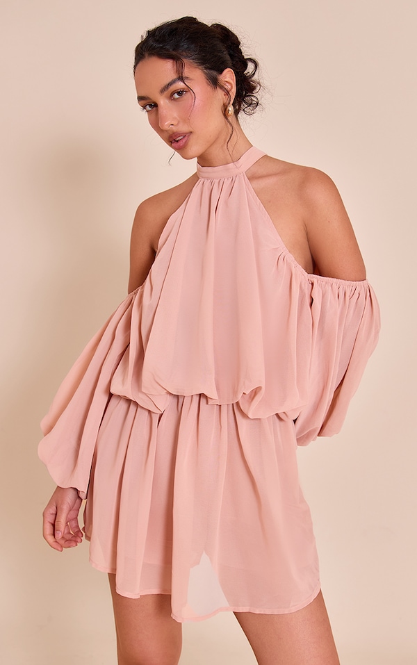 Pale Rose Chiffon Ruffle Off Shoulder Playsuit | Dresses | PLT