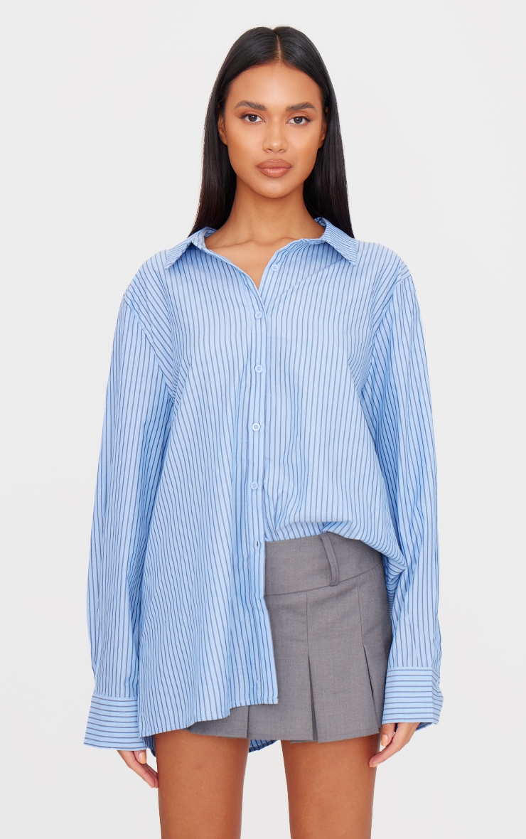 Blue Striped Oversized Shirt | Tops | PrettyLittleThing CA