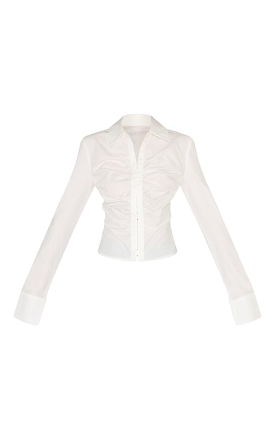 White Hook And Eye Ruched Fitted Shirt | Tops | PLT