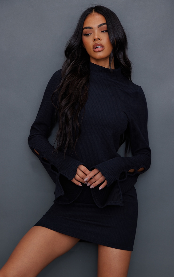 Black Rib Flared Open Sleeve Detail Bodycon Dress | Dresses ...