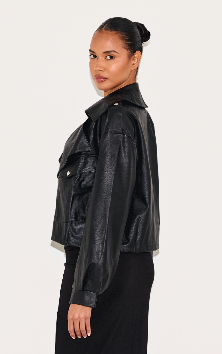 Black Textured Look Faux Leather Biker Jacket | Outerwear | PLT