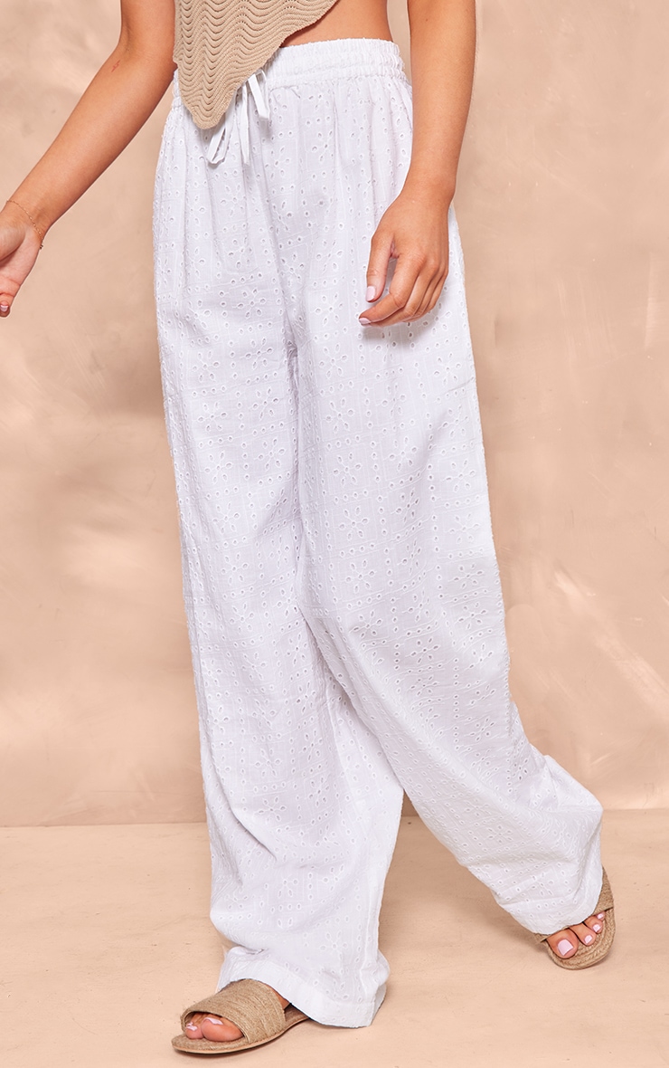 White Broderie Drawstring Waist Trousers | Bottoms | PLT