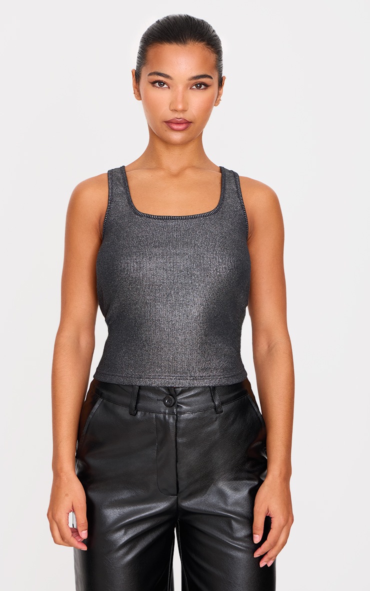 Silver Metallic Ribbed Scoop Neck Long Vest Top | Tops | PLT