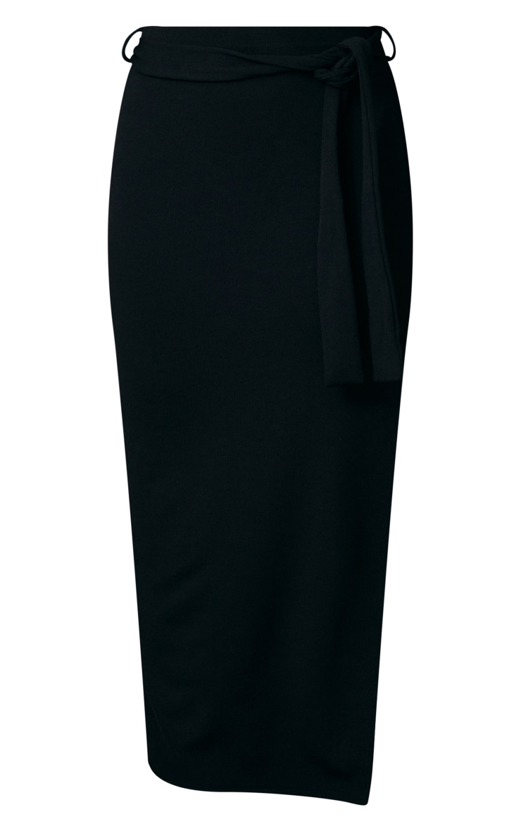 Black Stretch Rib Tie Waist Midaxi Skirt | PrettyLittleThing