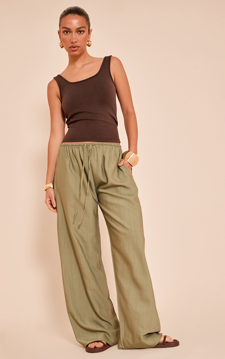 Sage Textured Wide Leg Draw String Trousers | Bottoms | PLT
