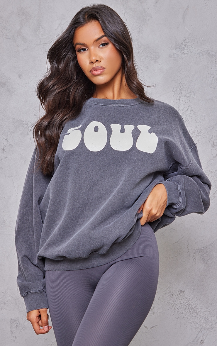 Charcoal Soul Print Washed Sweatshirt | Tops | PrettyLittleThing