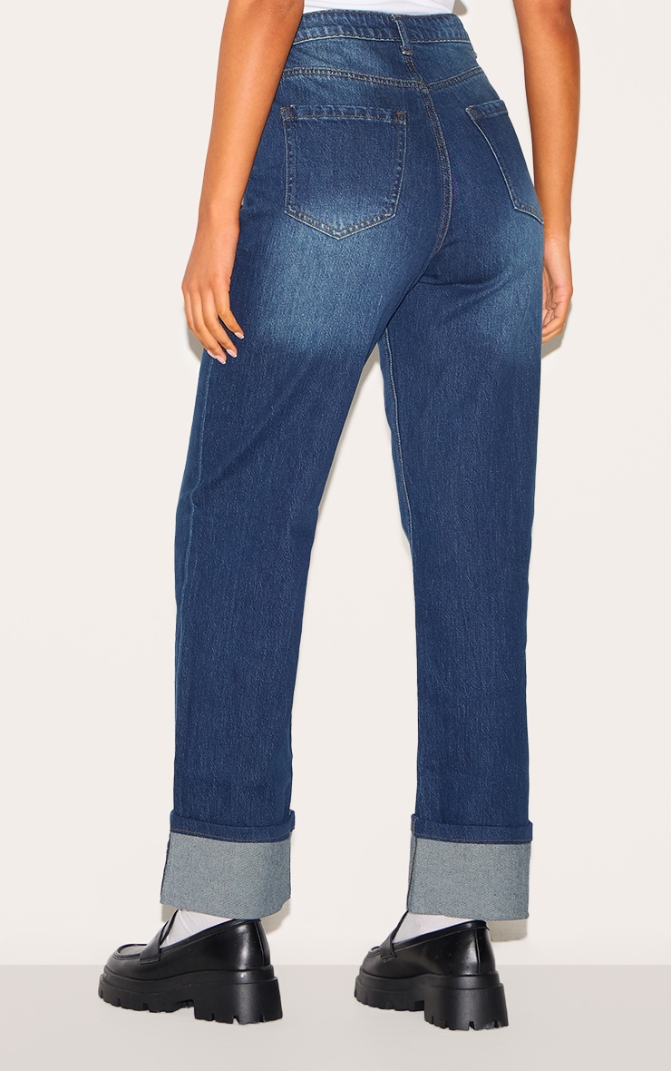 Tall Dark Indigo Mid Rise Turn Up Hem Jeans | Tall | PrettyLittleThing