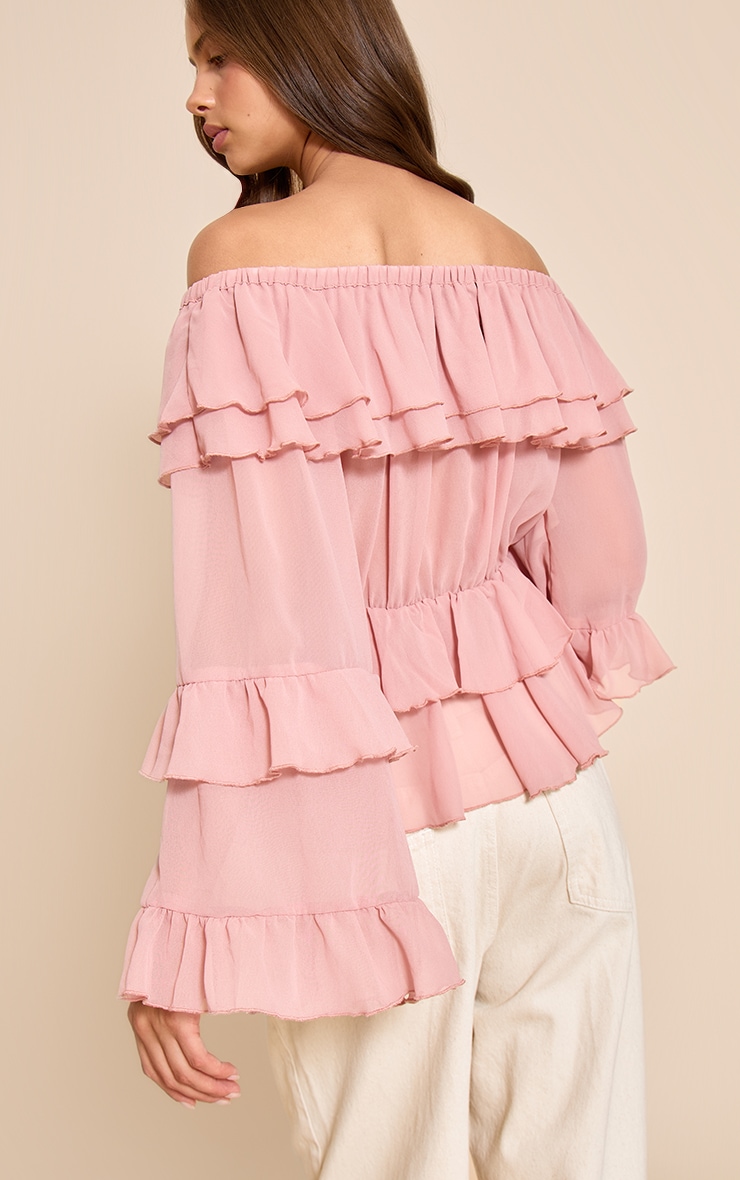 Pale Pink Chiffon Tiered Ruffle Bardot Top | Tops | PLT