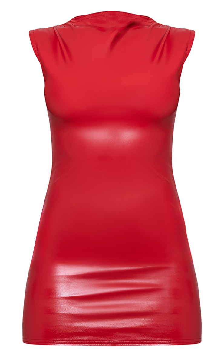 Cherry Red PU High Neck Ruched Mini Dress | Dresses | PLT