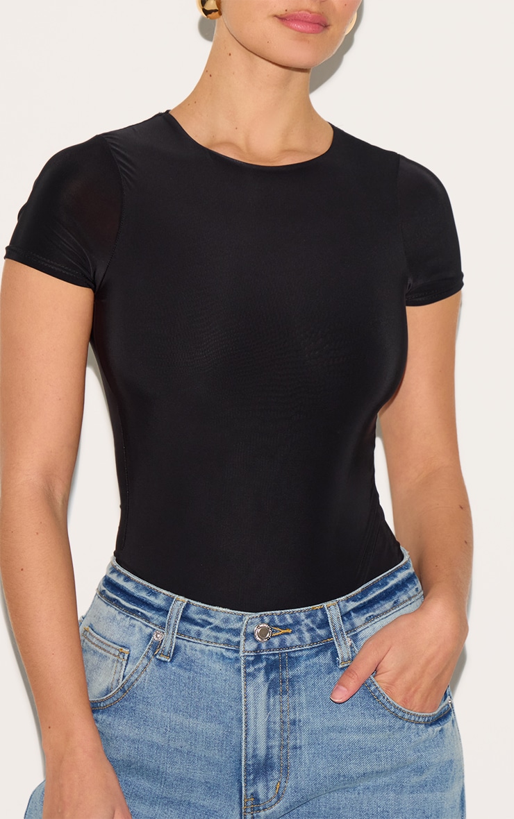 Black Basic Slinky Short Sleeve Bodysuit | Tops | PLT USA
