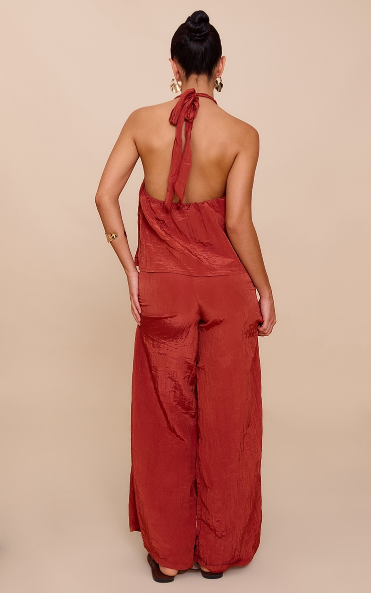Rust Crinkle Satin Halterneck Overlay Jumpsuit | Dresses | PLT