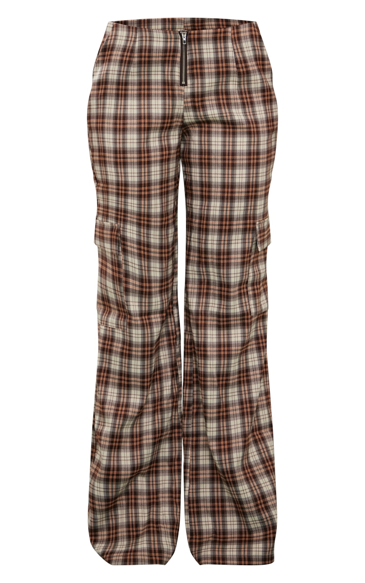 Brown Checked Seam Detail Wide Leg Trousers | PrettyLittleThing