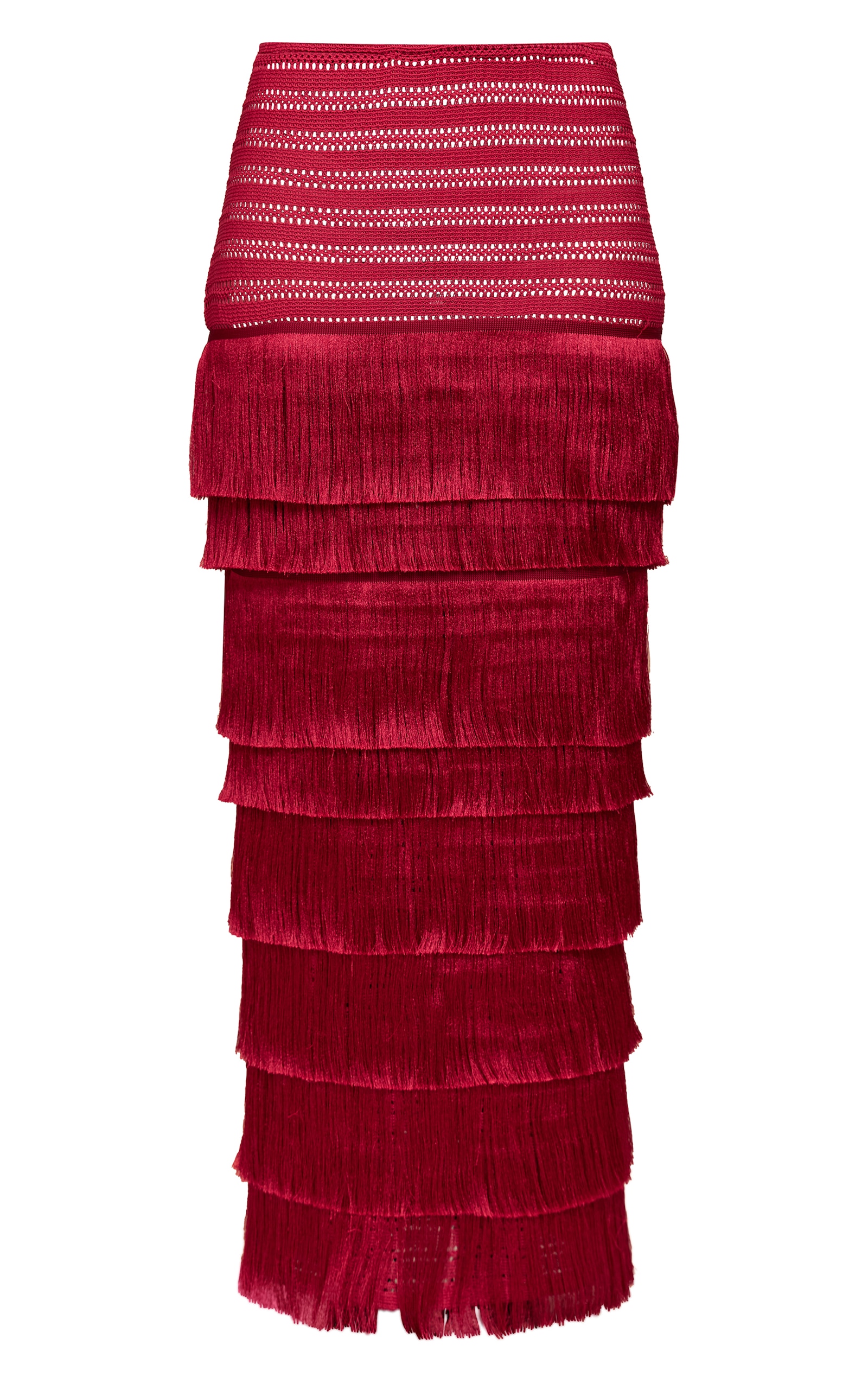 Deep Red Textured Tassel Trimmed Maxi Skirt | Bottoms | PLT