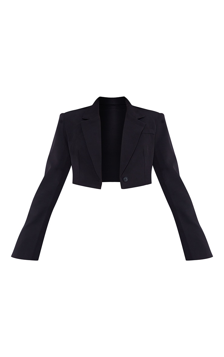 Black Super Shoulder Padded Single Breasted Crop Blazer | Outerwear | PLT