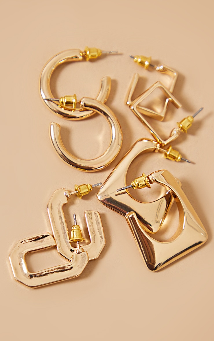 Gold Rectangular Simple Multipack Earrings | PrettyLittleThing USA