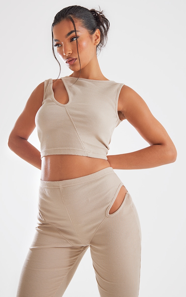 Taupe Rib Asymmetric Cut Out Vest | Co-ords | PLT