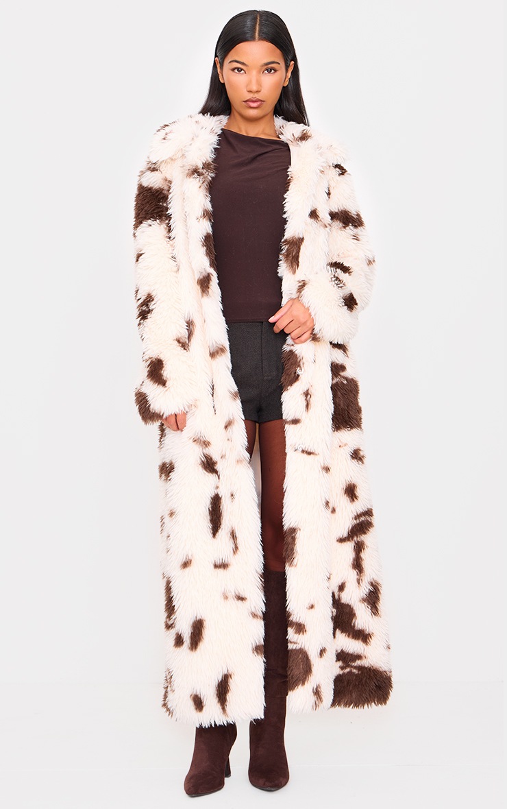 Cream Cow Print Shaggy Faux Fur Maxi Coat | Outerwear | PLT