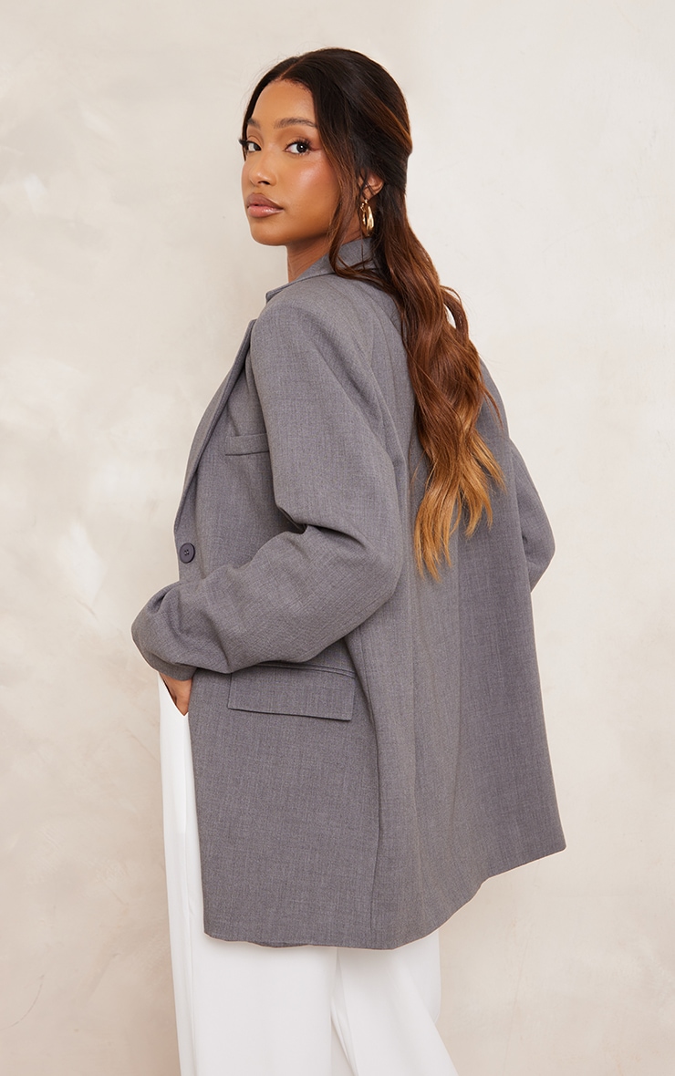 Grey Textured Shoulder Padded Oversized Blazer | PrettyLittleThing