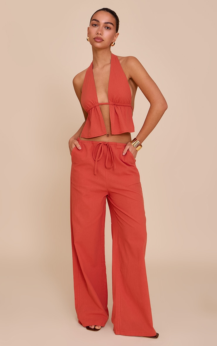 Rust Cotton Low Rise Drawstring Wide Leg Trousers | Co-ords | PLT